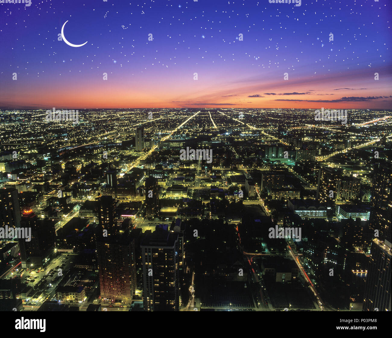 1992 HISTORICAL LARGE MOON OVER GRID NETWORK OF ROADS SUBURBS CHICAGO ...