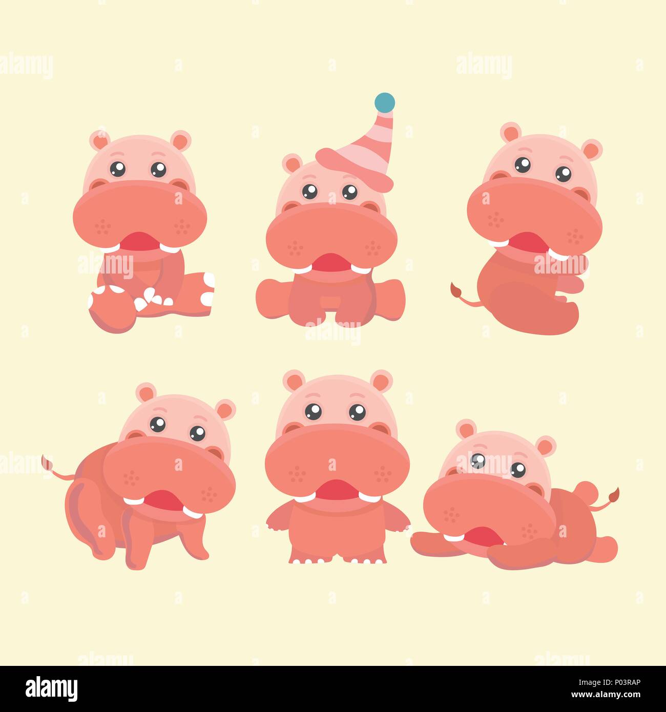 Collection funny hippo different poses in cartoon style Stock Vector ...