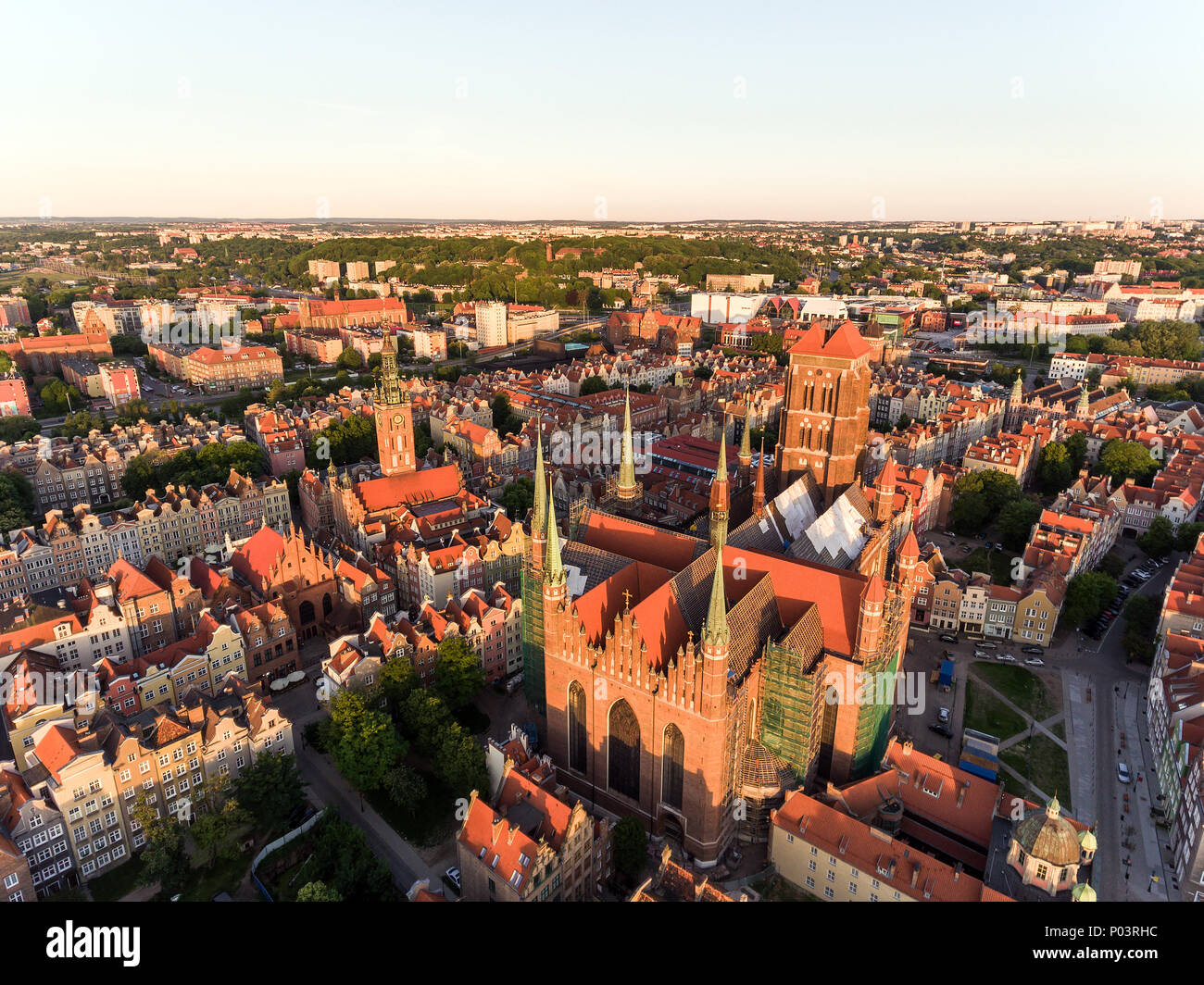Aerial Gdansk Old Town Skyline With Basilica City Hall And Town Houses ...