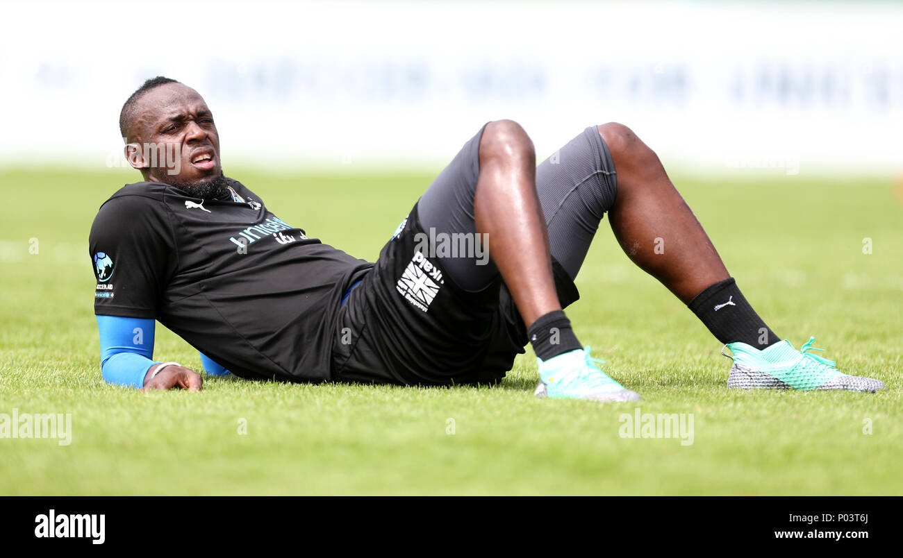 Usain Bolt after the World XI team's training session during the Soccer ...