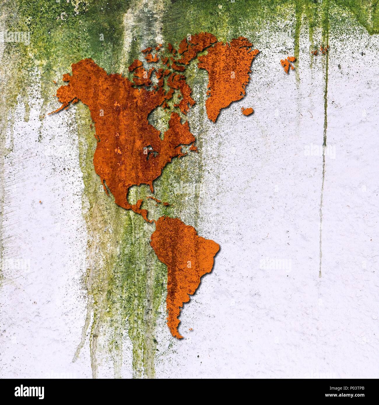 Grunge sepia dripping world map on mossy concrete wall. Elements of ...