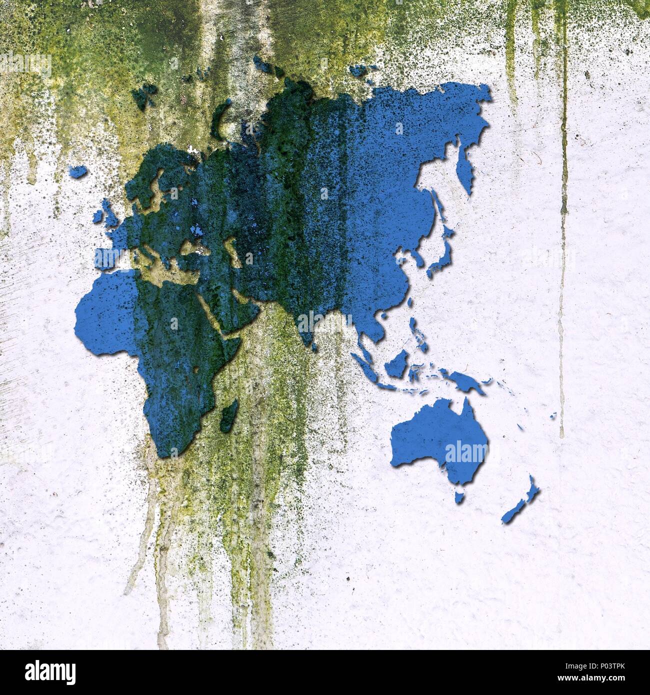 Grunge blue dripping world map on mossy concrete wall. Elements of this ...