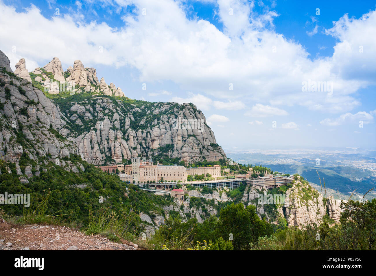 Aerial view of the Montserrat monastery. Santa Maria de Montserrat is a ...