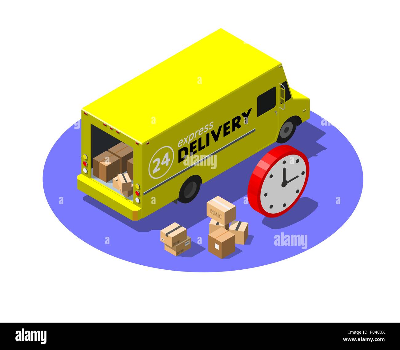 Express delivery service concept with yellow van and cardboard parcels ...