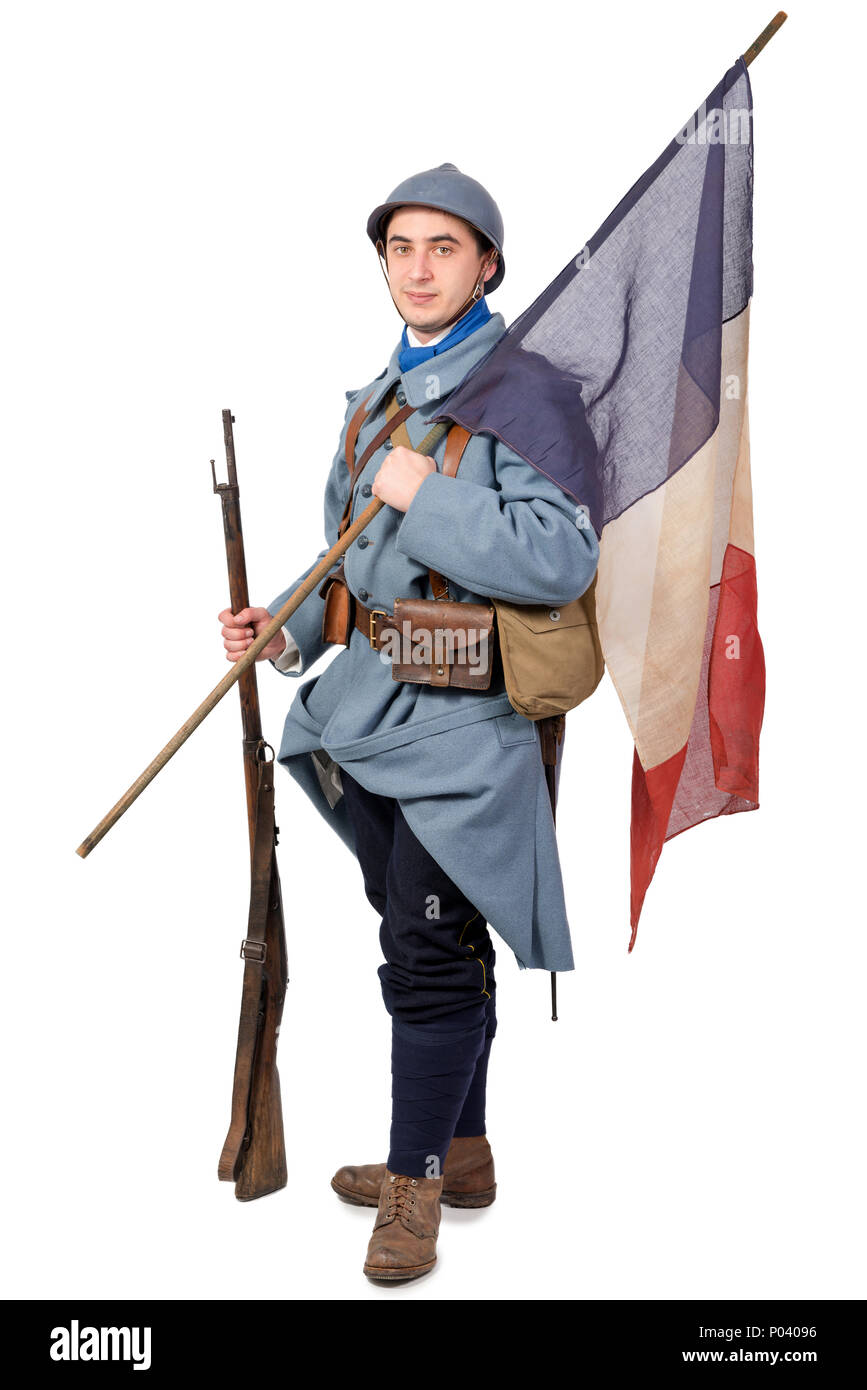 French soldier, 1914 1918 with flag, isolated on a white background ...