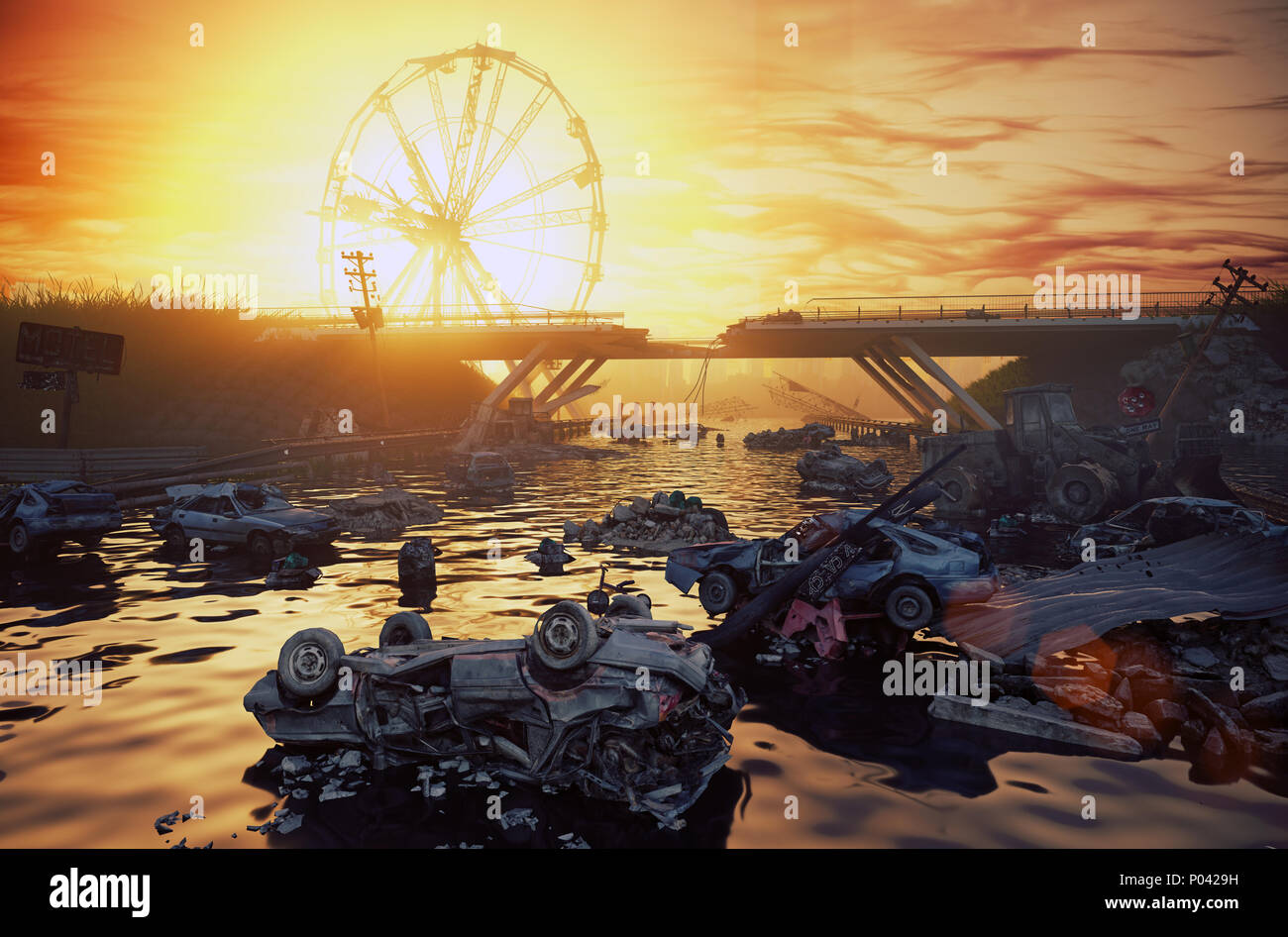 Apocalypse sunset landscape. 3D rendering concept Stock Photo - Alamy