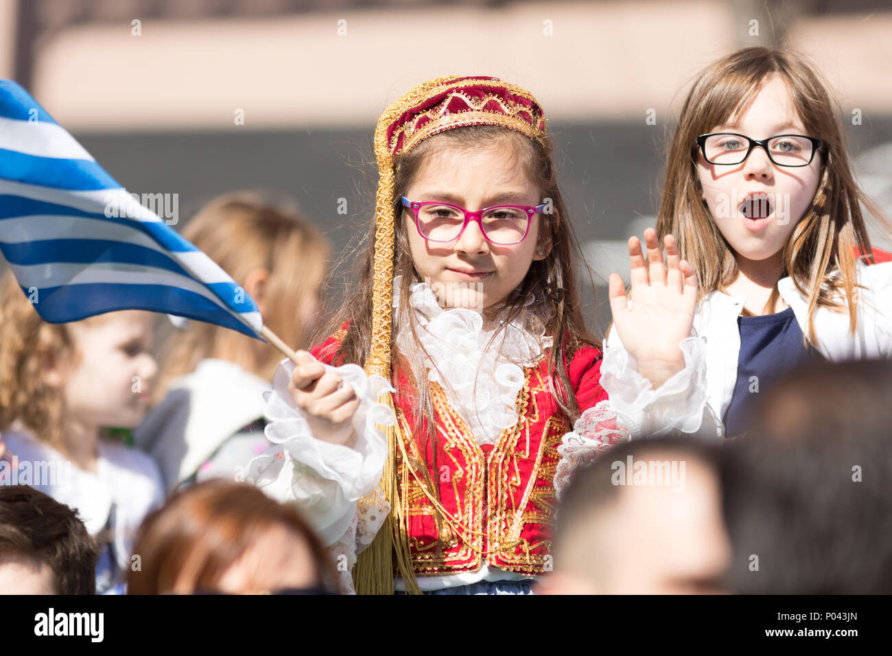 Chicago, Illinois, USA - April 29, 2018 Children wearing traditional ...