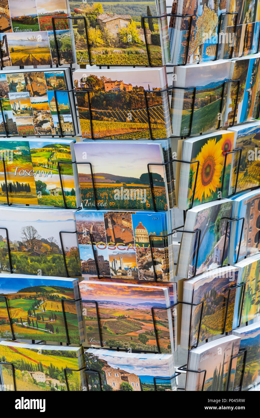 Rack of postcards for sale at ancient medieval hill town Pitigliano ...