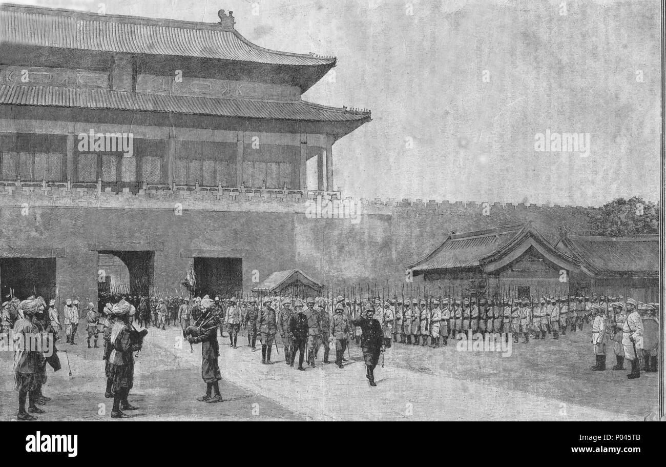 China. Europian parade in Beijing. Vintage engraved illustration ...