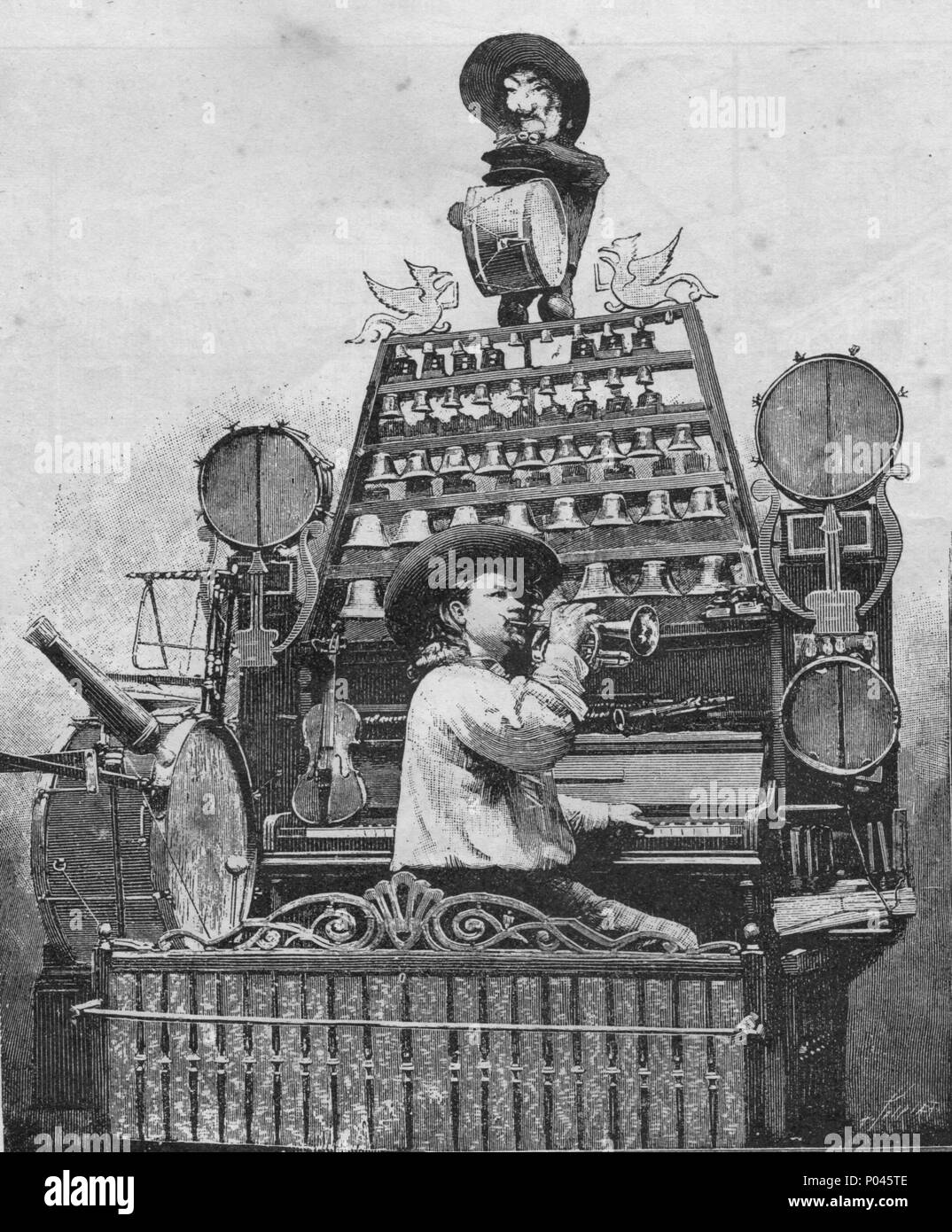 One man orchestra. Vintage engraved illustration. Published in magazine ...