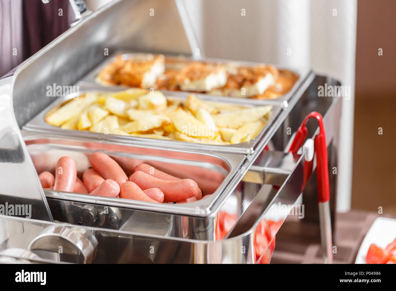 Buffet heated trays ready for service. Breakfast in hotel smorgasbord ...