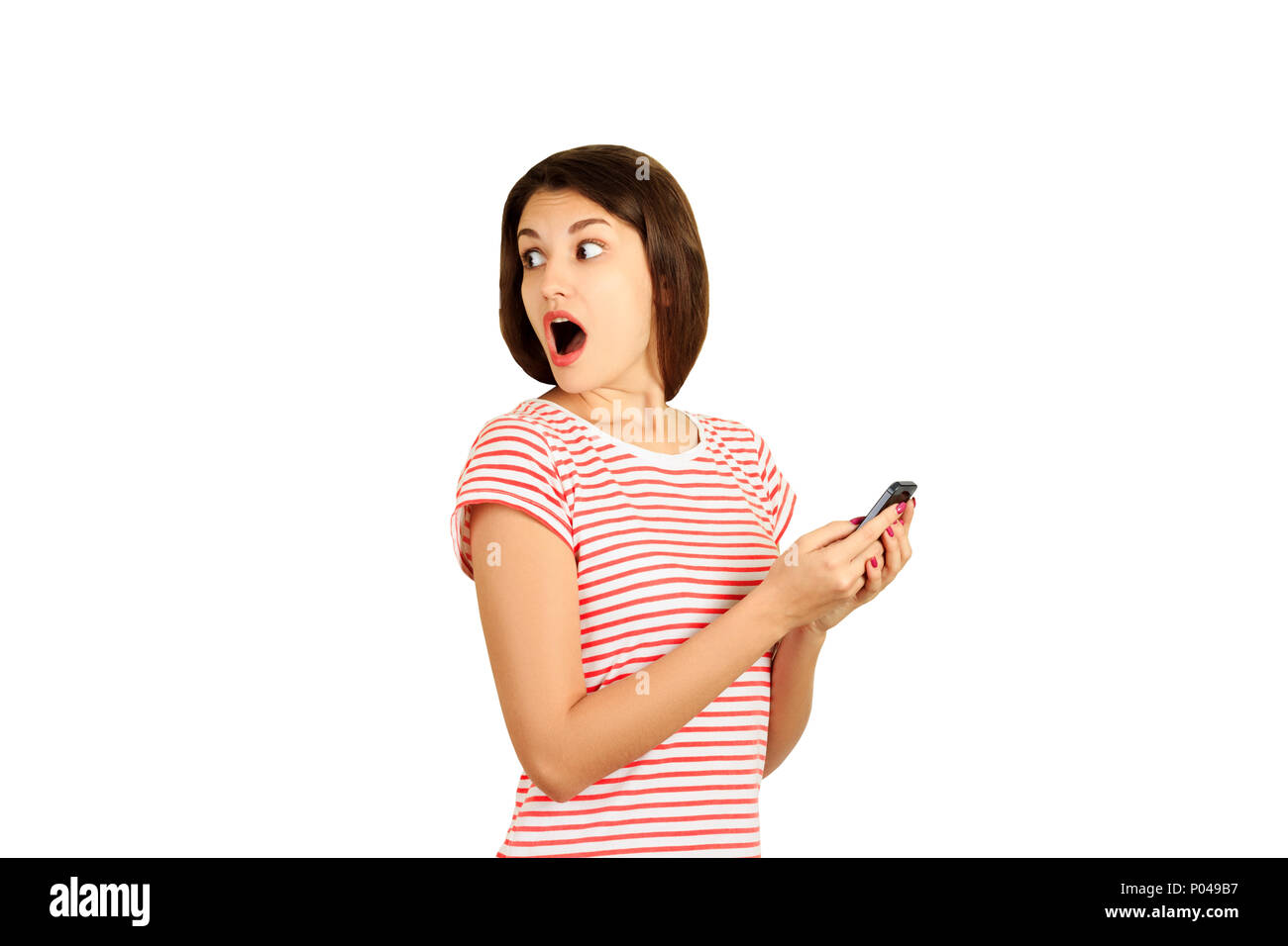 girl send a message and surprise turns back with his mouth open ...