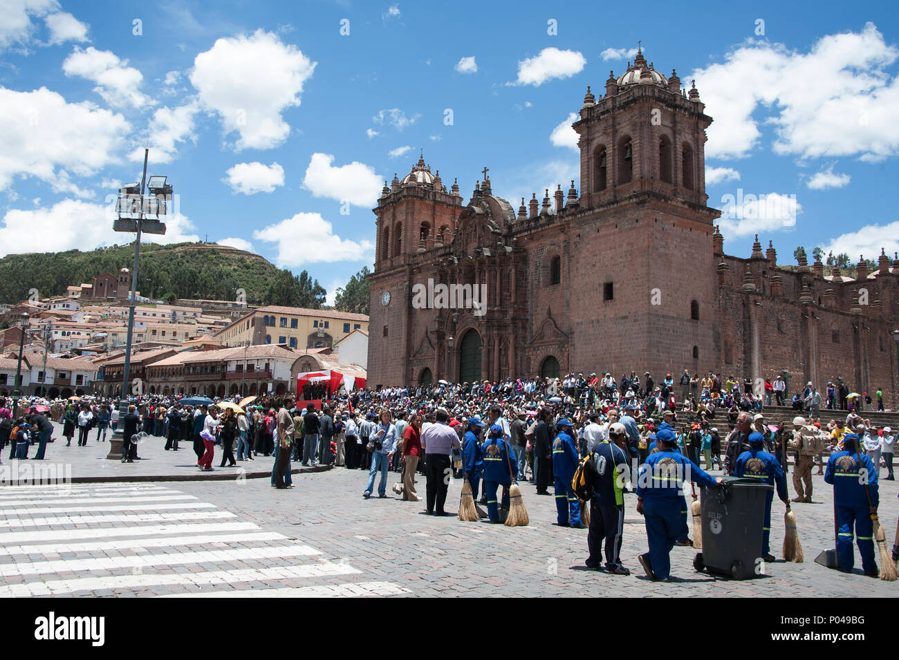 A large crowd gathers in front of the historic cathedral of Cusco Peru ...