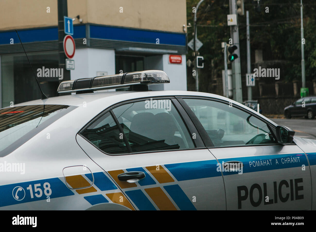 Prague, September 24, 2017: A police car is driving along a city street ...