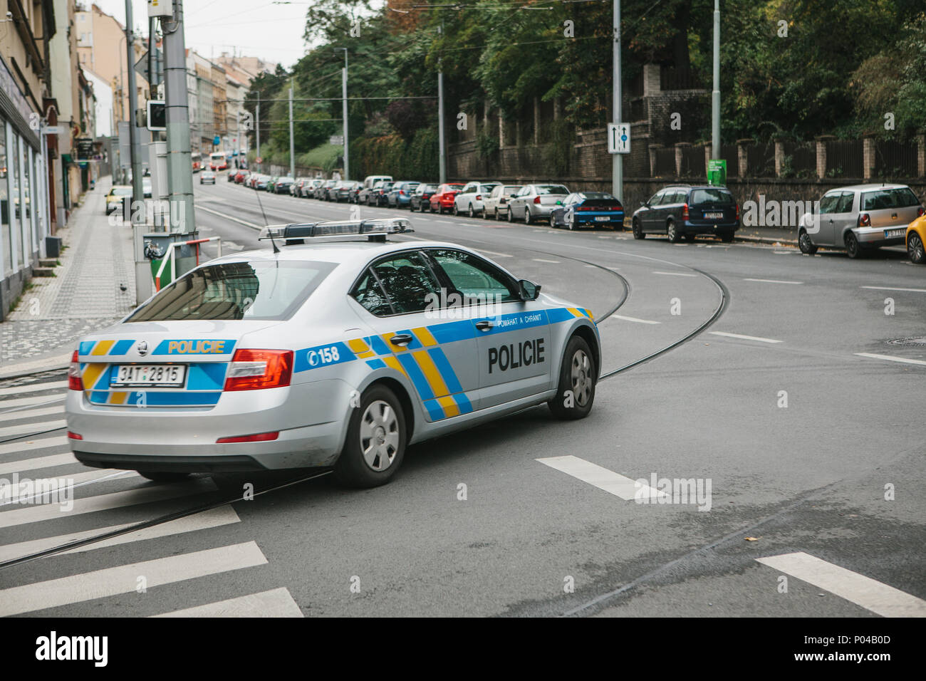 Prague, September 24, 2017: A police car is driving along a city street ...