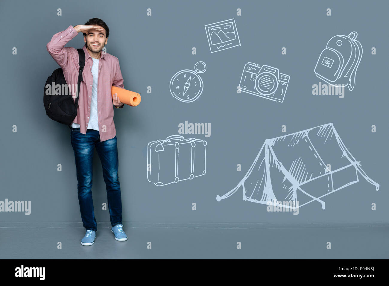 Emotional tourist feeling excited while starting a new journey Stock ...