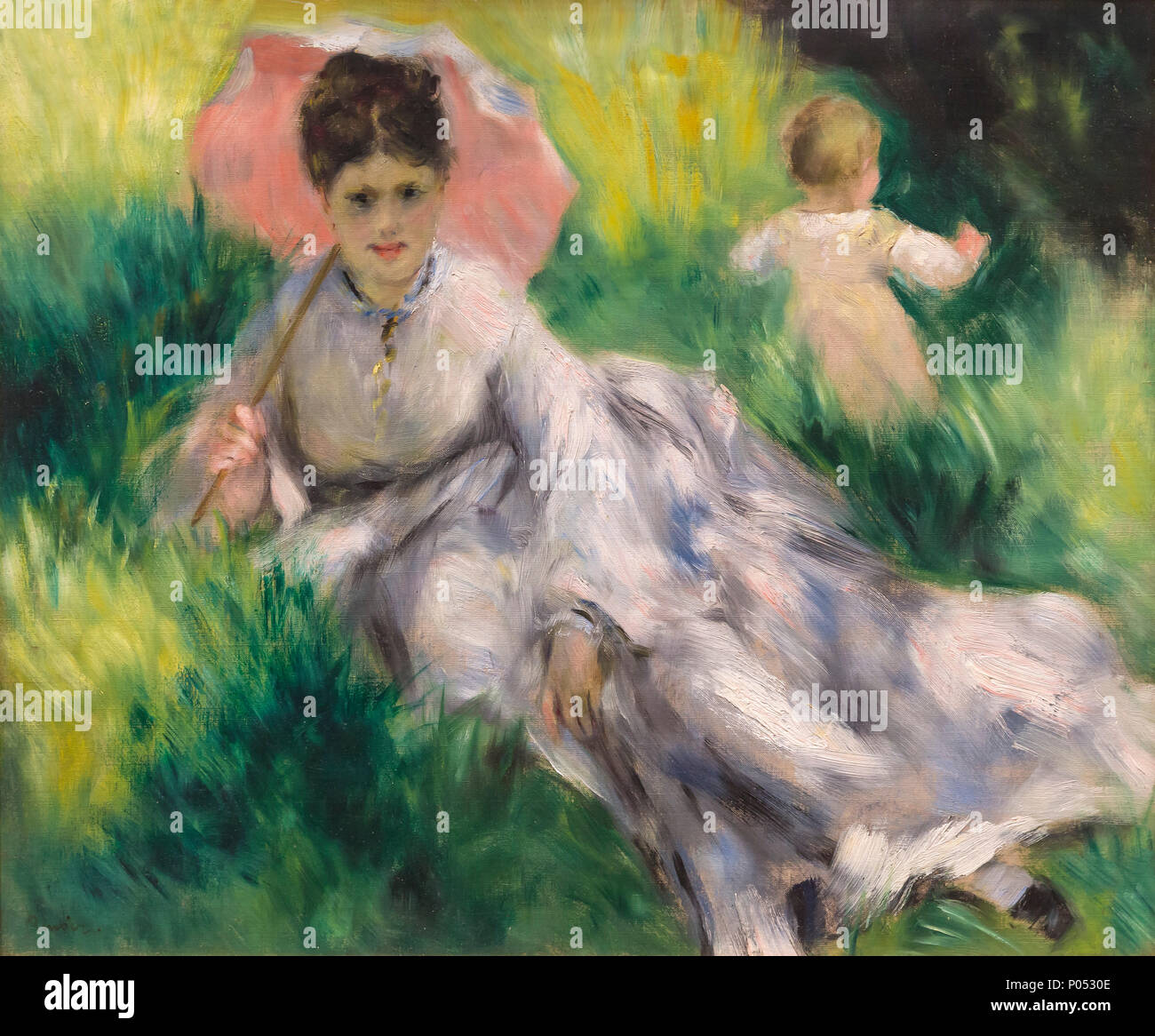 Woman with a Parasol and Small Child on a Sunlit Hillside, Pierre ...