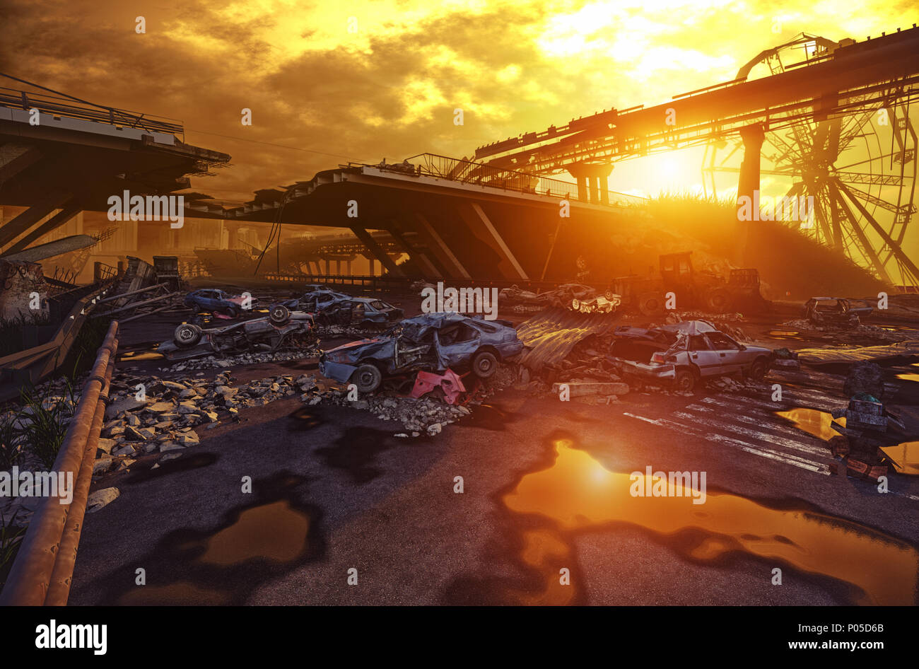 Apocalypse sunset landscape. 3D rendering concept Stock Photo - Alamy