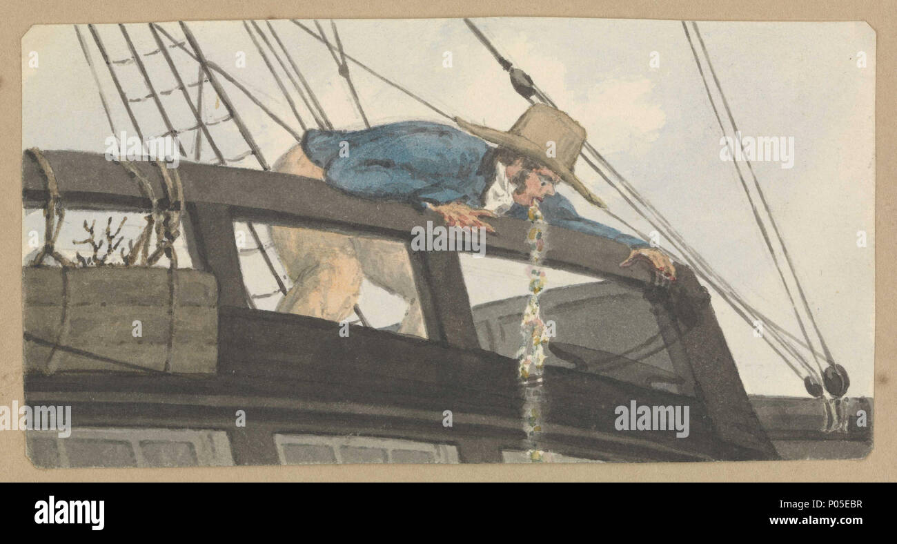 . English: A deck scene with a man being seasick over the ship's rail A ...