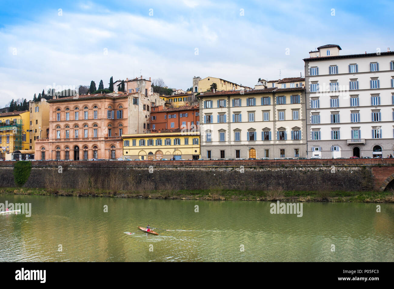FLORENCE, ITALY - March 24, 2015: Historic Renaissance houses and Arno ...