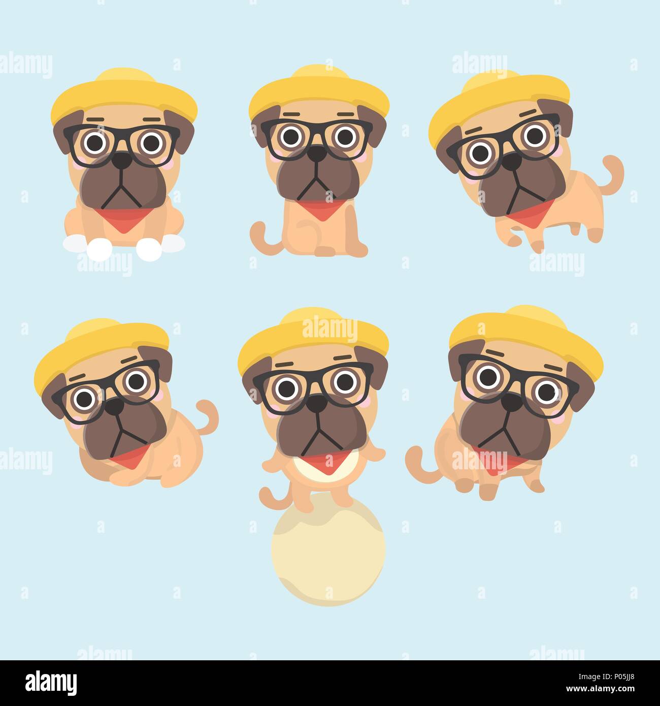 Set of the Funny cartoon pugs puppies. Vector illustration Stock Vector ...