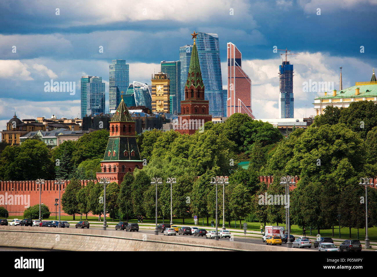 Moscow, Russia - June, 2018: Moscow city view with red Kremlin towers ...