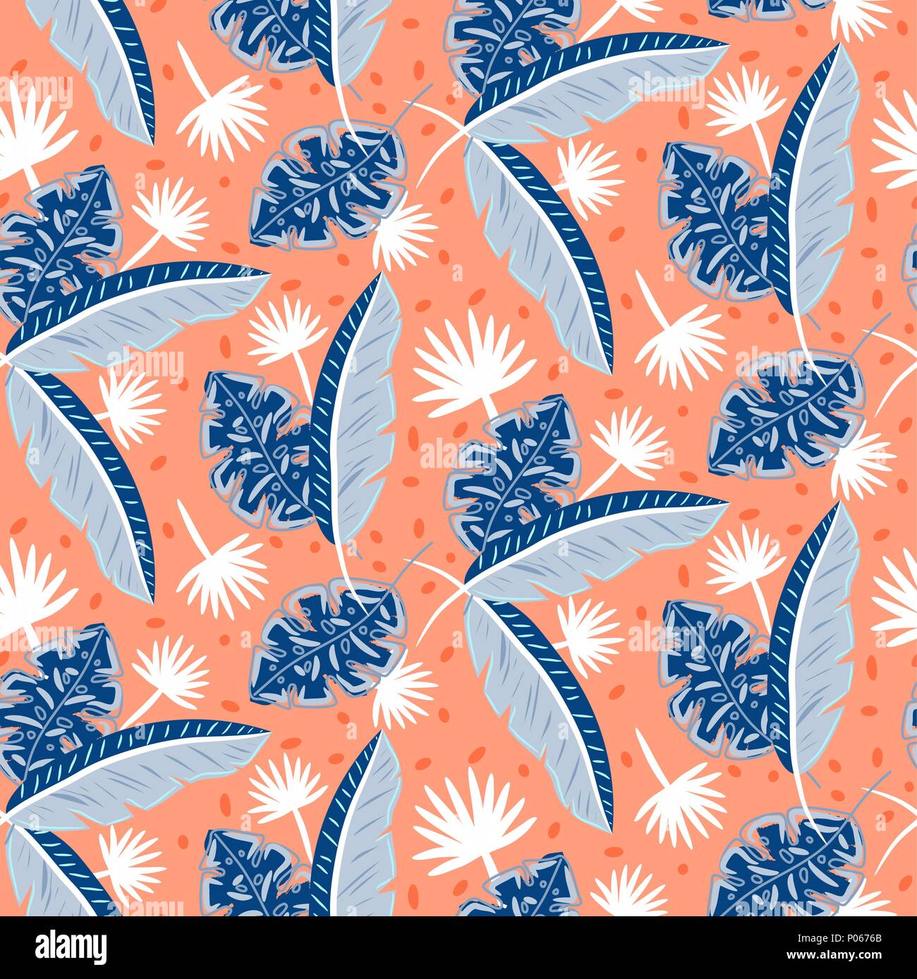Blue and red tropic island leaves pattern for summer seamless prints ...