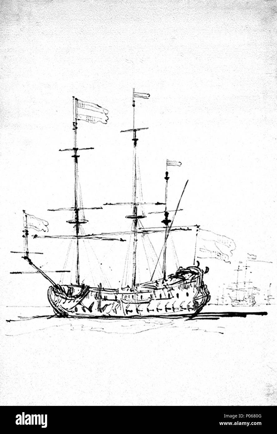 . English: A Dutch flagship at anchor Viewed from the port bow; a flag ...