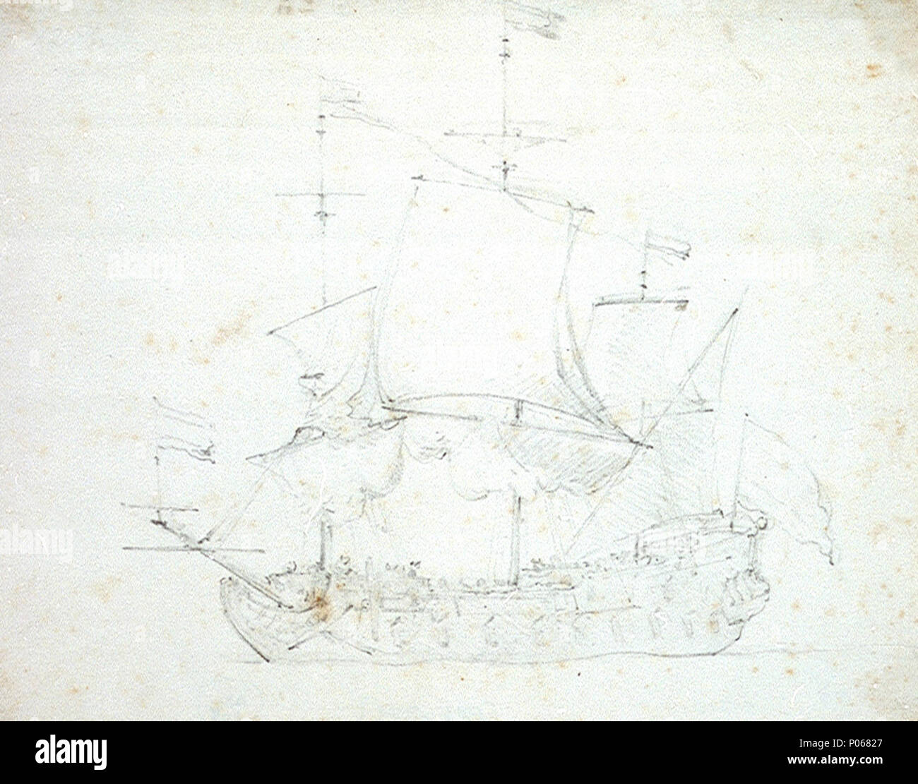 . English: A Dutch frigate lying-to A view from before the port beam of ...