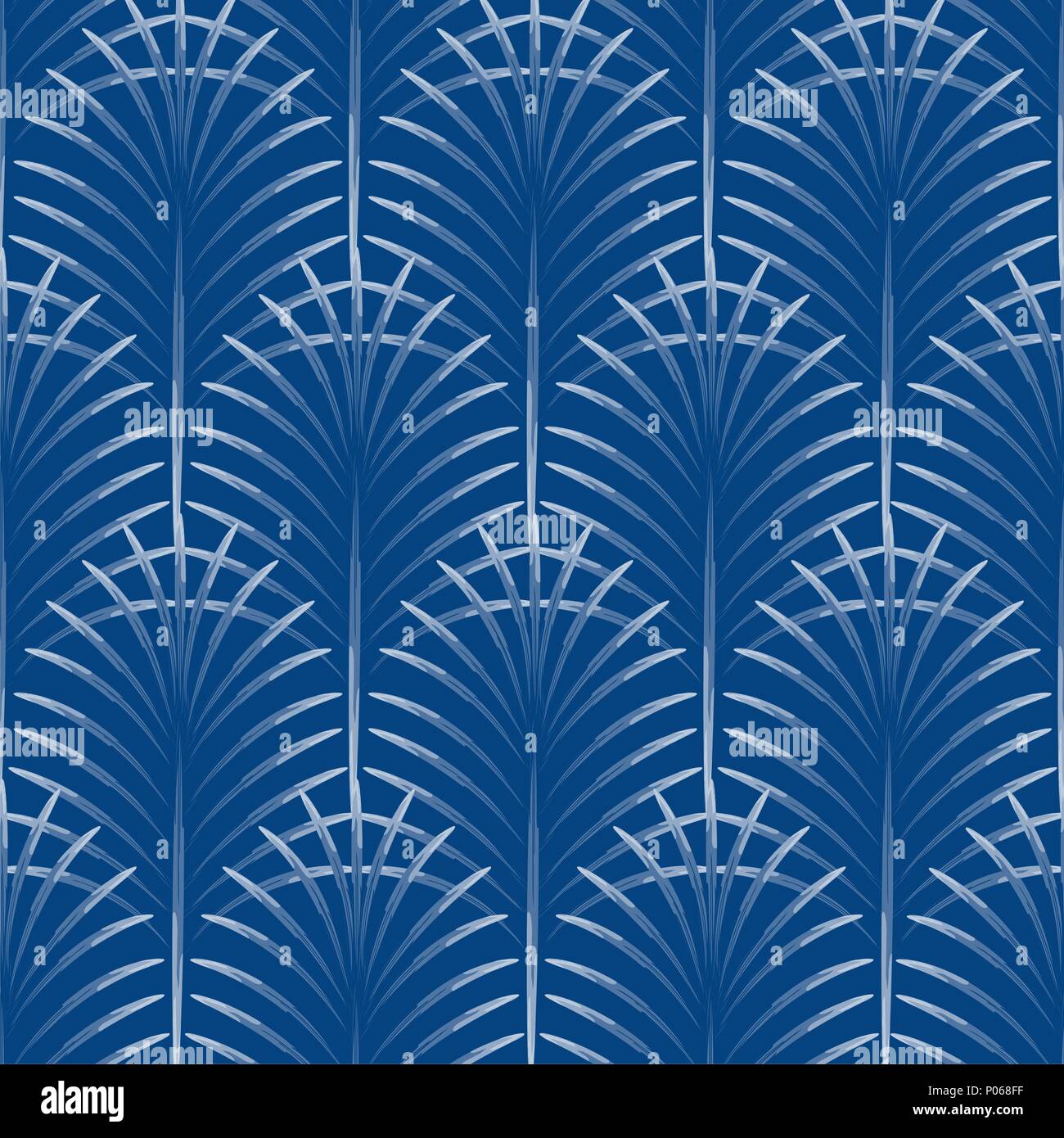 Art deco palm leaves geometry arch blue seamless pattern Stock Vector ...