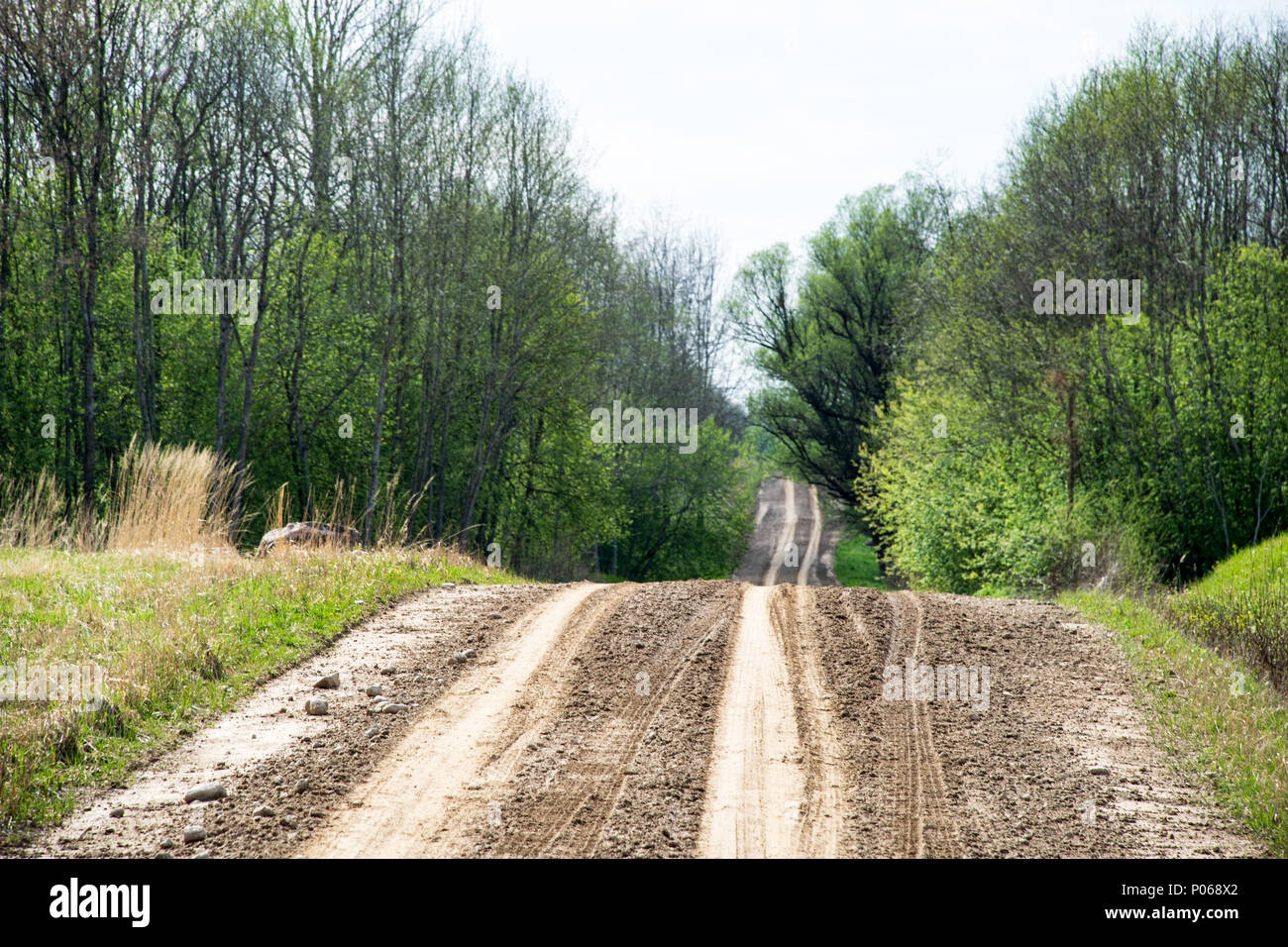 empty gravel road with tracks of mud in the countryside in summer heat ...