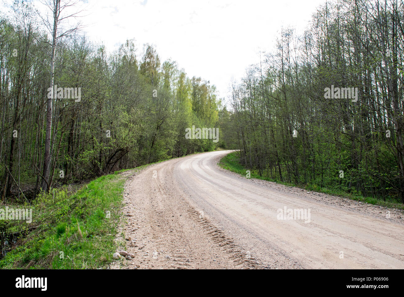empty gravel road with tracks of mud in the countryside in summer heat ...
