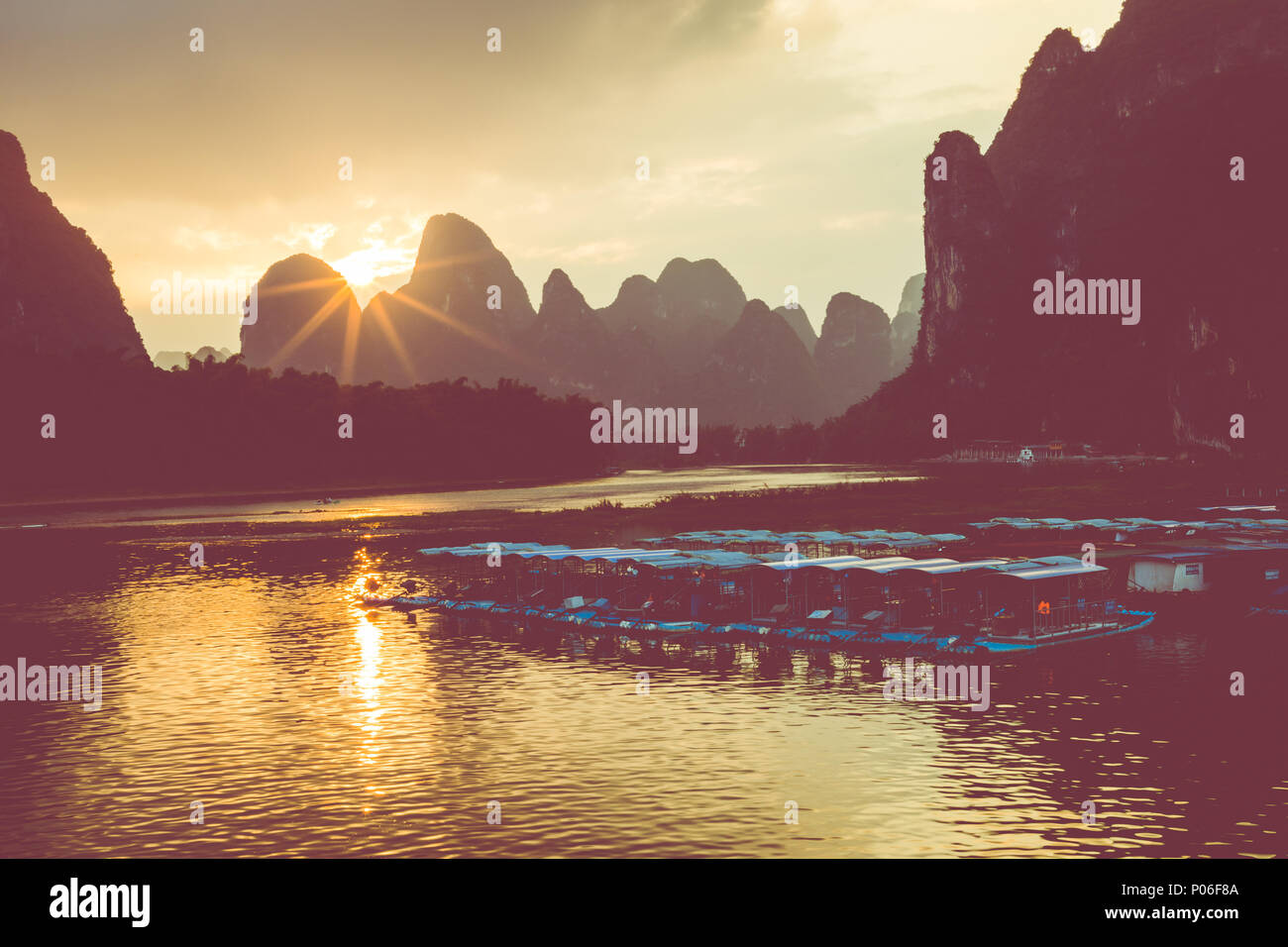 Sunset at Li River, Xingping, Guilin, China. Xingping is a town in ...