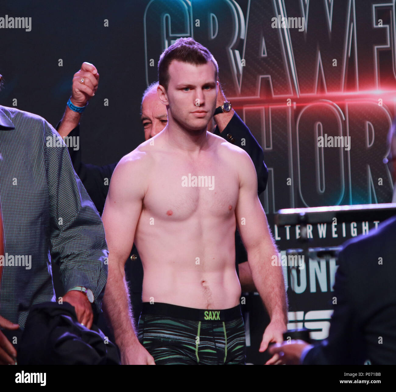 Las Vegas, Nevada, USA. 8th June, 2018. WBO Welterweight Boxing Champion Jeff Horn reacts after ...