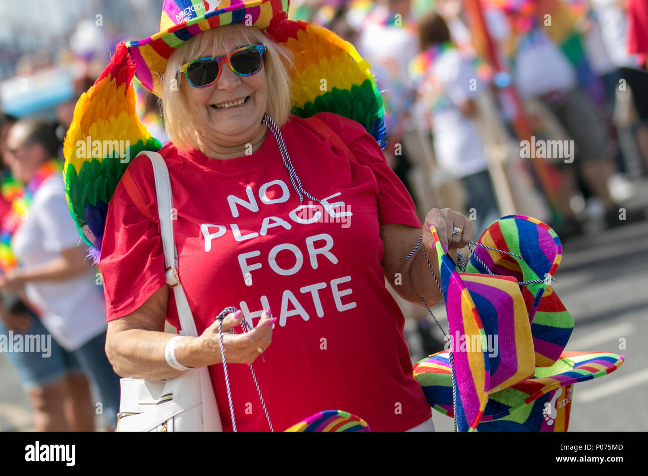 ' No Place for Hate' red shirt Blackpool, Lancashire. UK. 09/06/2018 ...