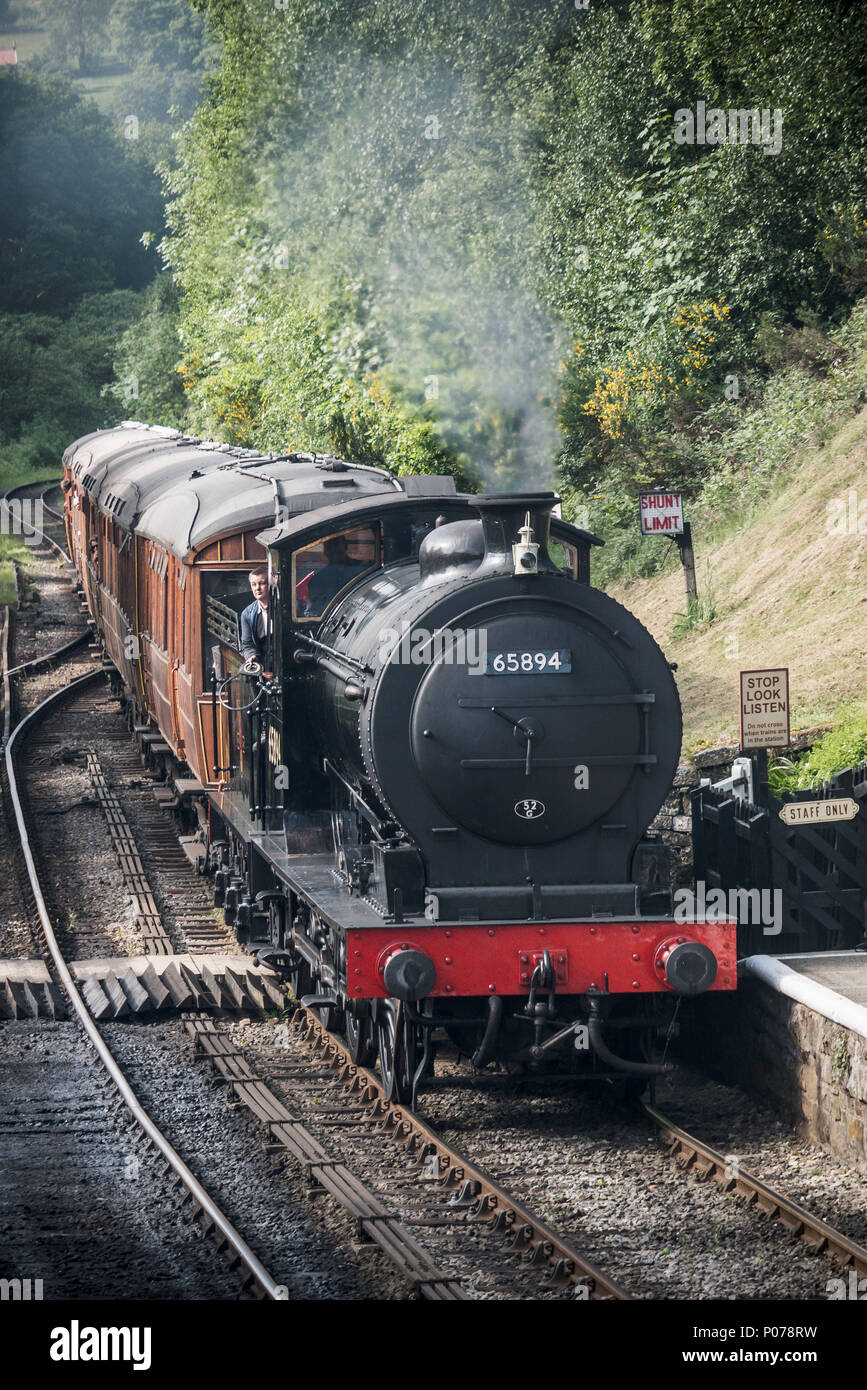 J27 Locomotive 65894 (NER P3 2392) approaching Goathland station on ...