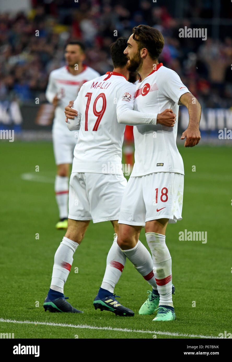 Moscow, Russia - June 5, 2018. Turkish player Yunus Malli celebrating ...