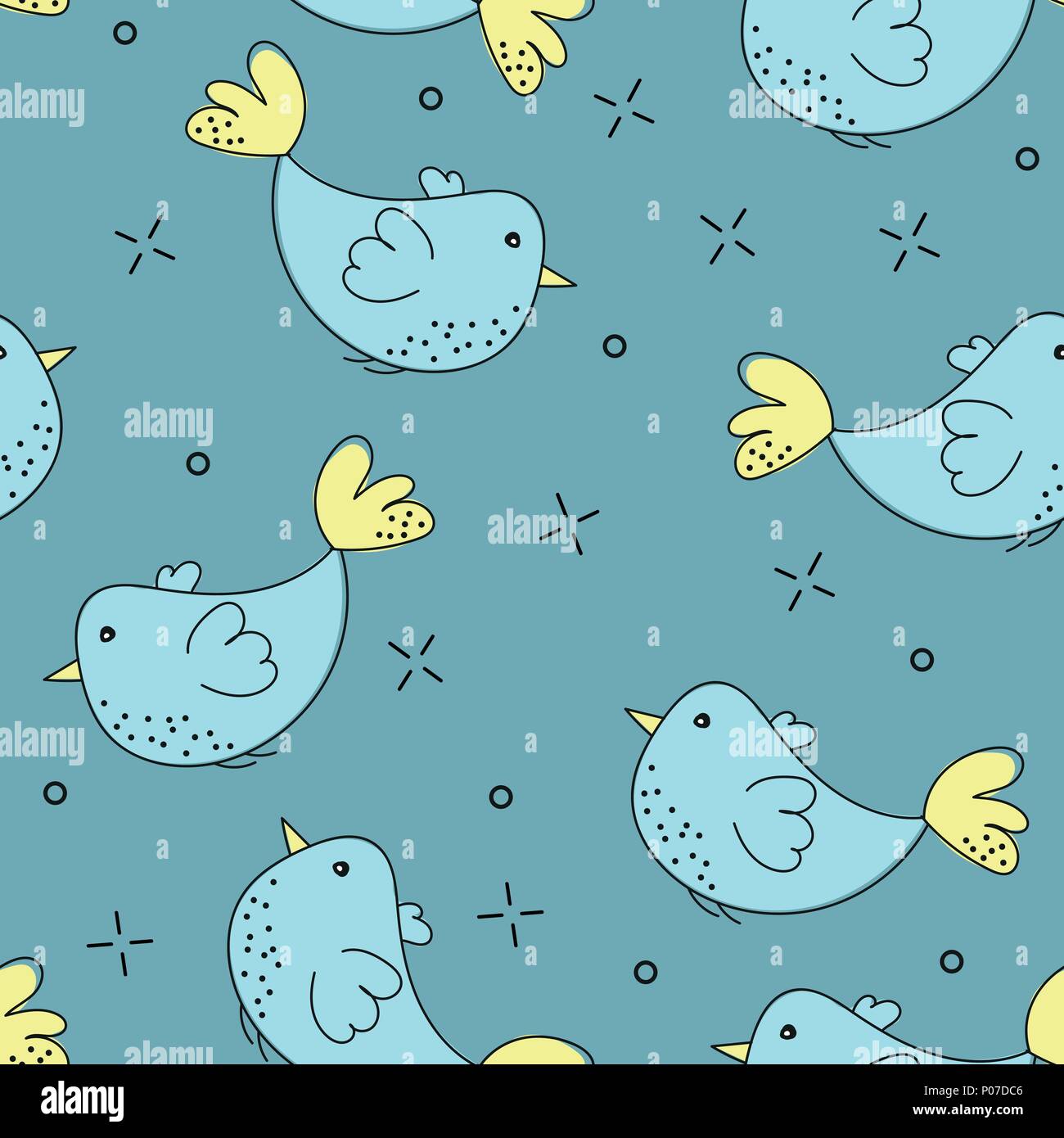 Colorful doodle bird seamless pattern. Collection of hand drawn birds ...