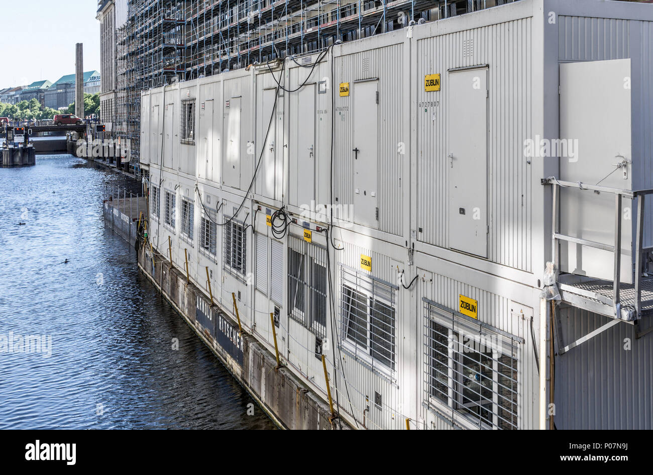 Hamburg, Germany, June 6., 2018: Floating construction site containers ...