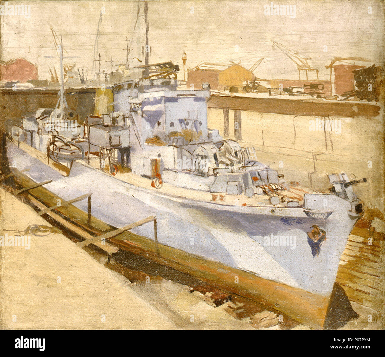 . English: A Hunt Class Destroyer in Dry Dock Painting. . Mid 20th ...