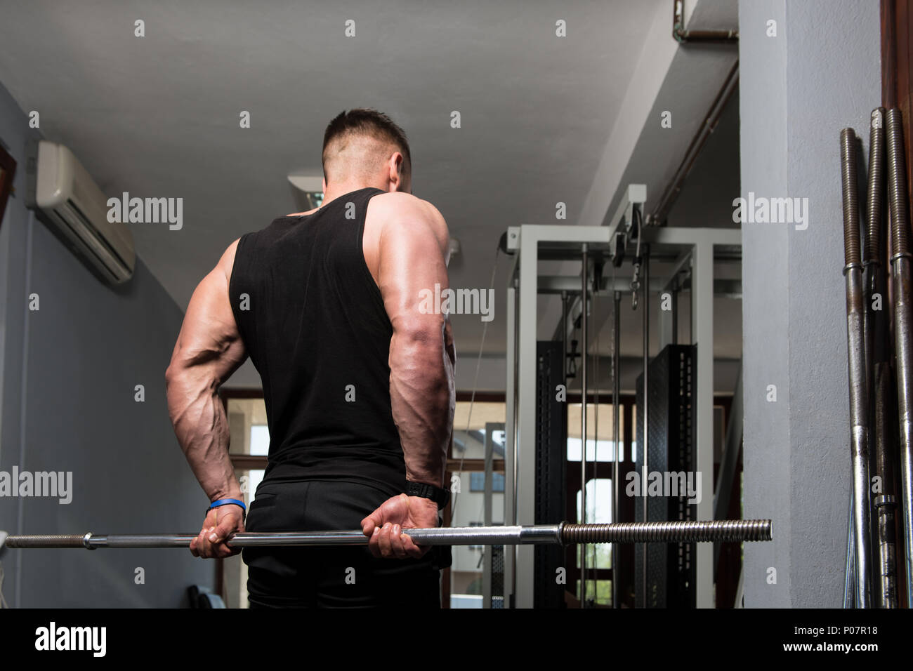 Athlete In The Gym Performing Forearm Curls With A Barbell Stock Photo ...