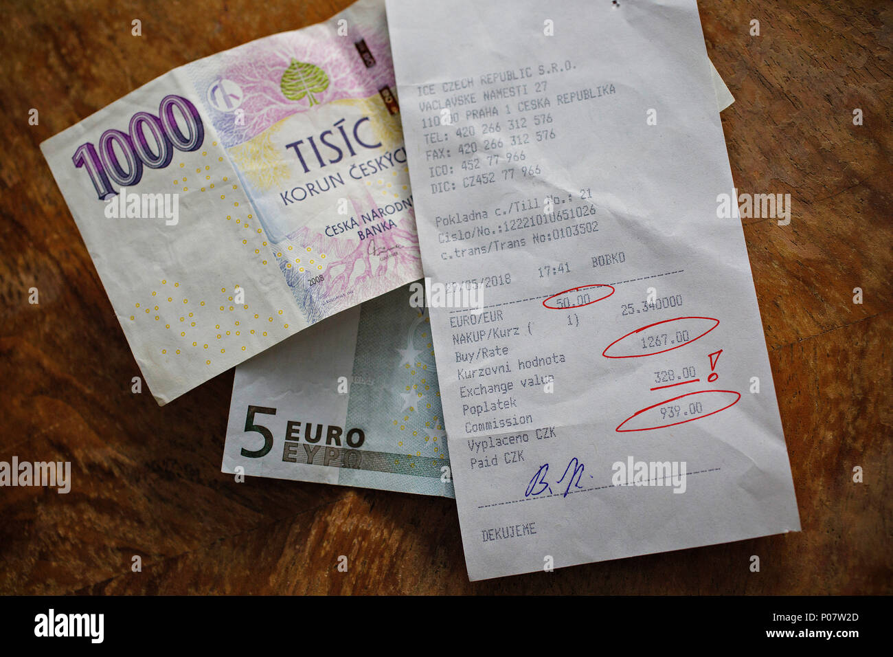 exchange receipt with extreme commission 25,88 % in Prague, money, cash ...