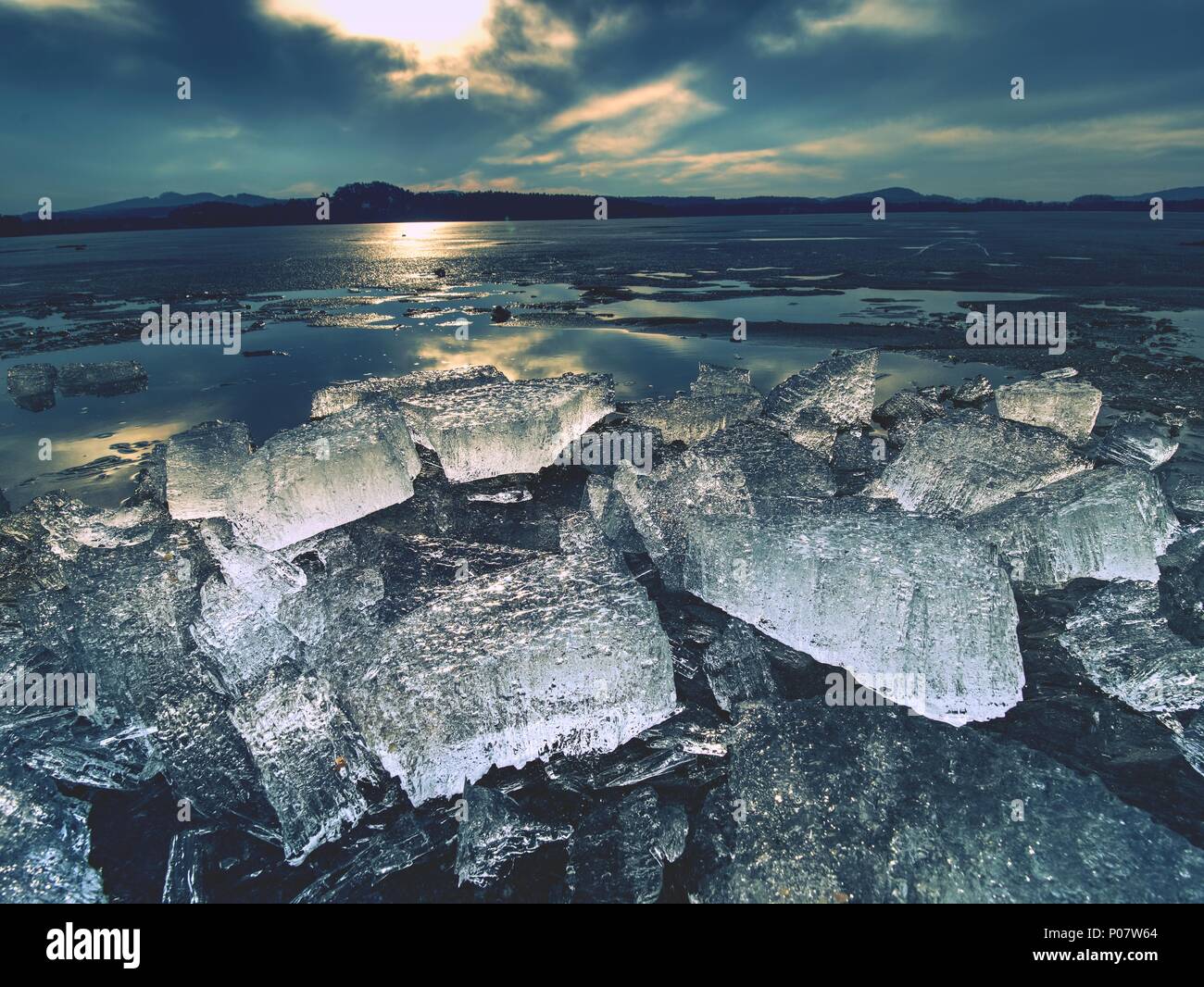 Climate change. Detail of glacier melting in bay. Spring landscape with ...