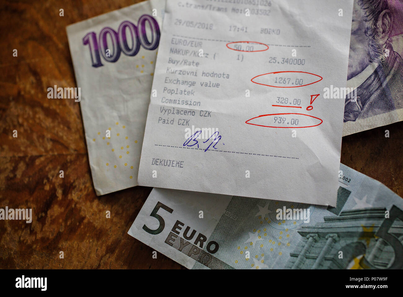 exchange receipt with extreme commission 25,88 % in Prague, money, cash ...