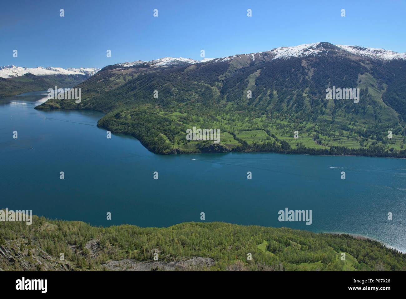 Spectacular lake view, Kanas Lake National Park, Xinjiang, China Stock ...