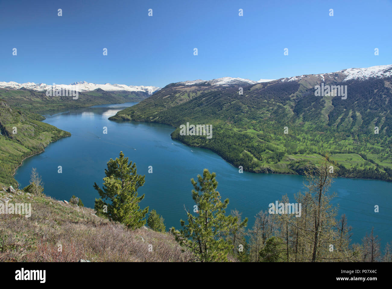 Spectacular lake view, Kanas Lake National Park, Xinjiang, China Stock ...