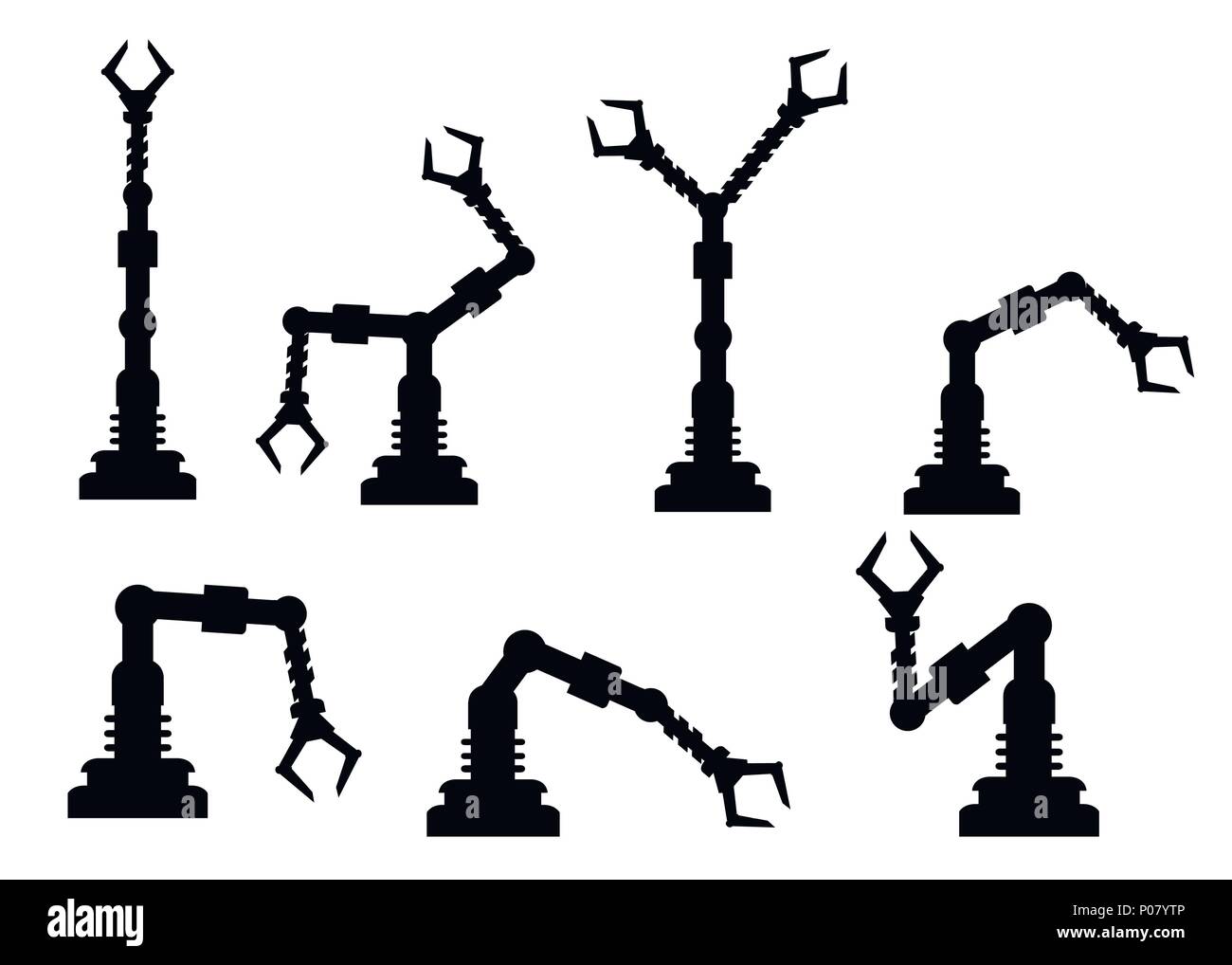 Black silhouette. Set of robotic arms, hands. Vector robot icons ... Black silhouette. Set of robotic arms, hands. Vector robot icons ...