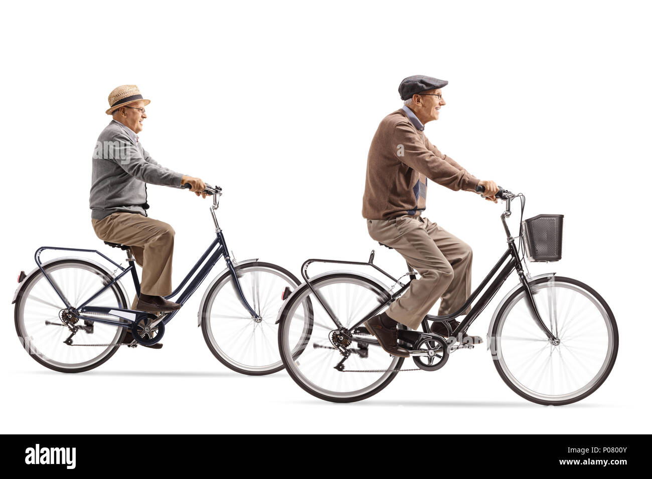 Two elderly gentlemen riding bicycles isolated on white background ...