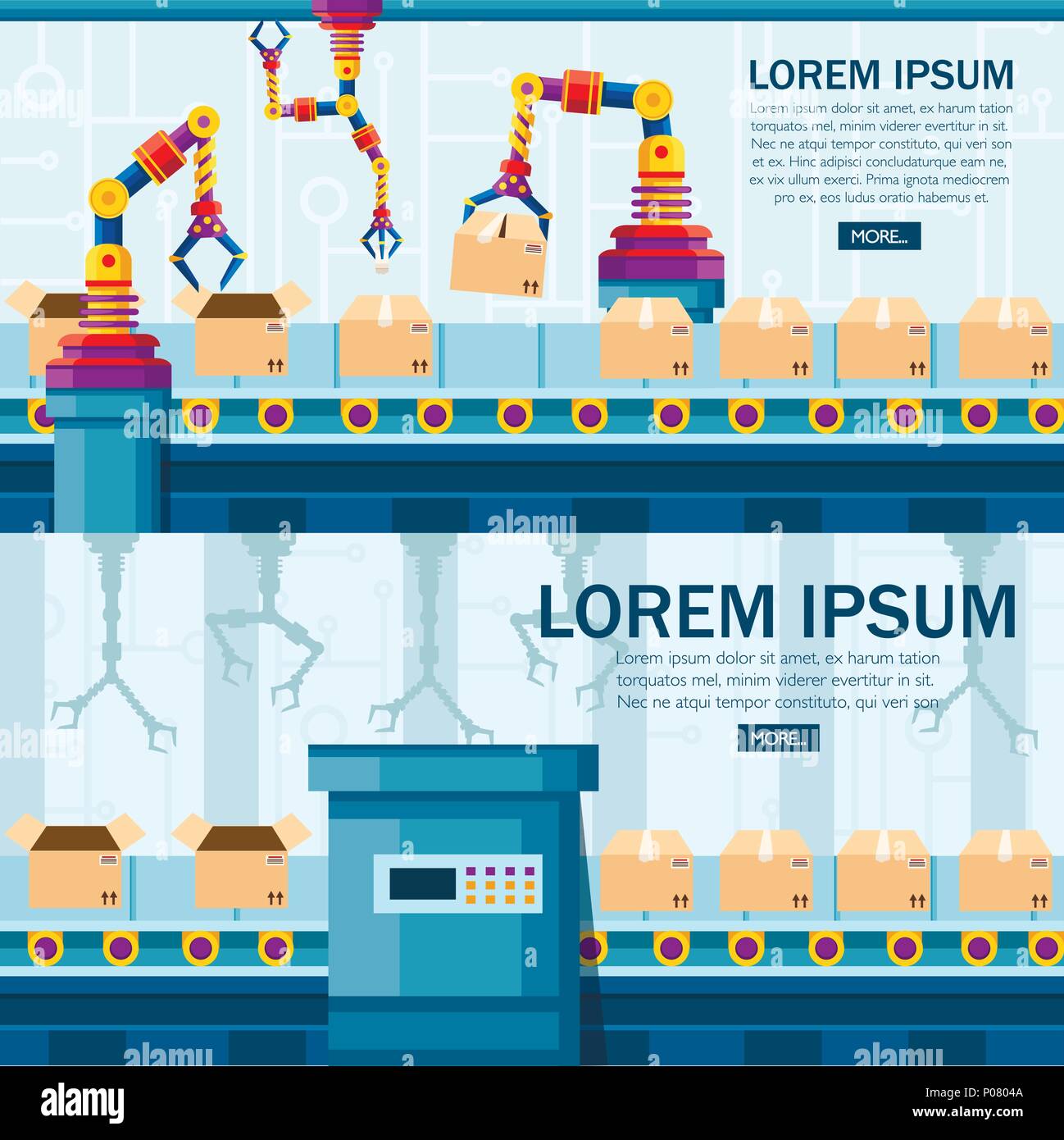 Industrial automation. Robotic arm technology at assembly line. Automated arms. Robotic conveyor ...