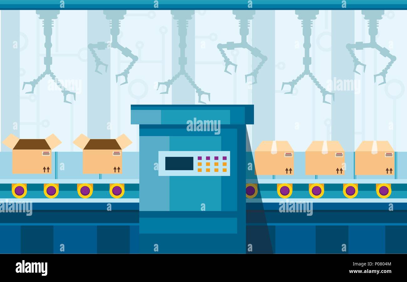 Industrial automation. Robotic arm technology at assembly line. Automated arms. Robotic conveyor ...